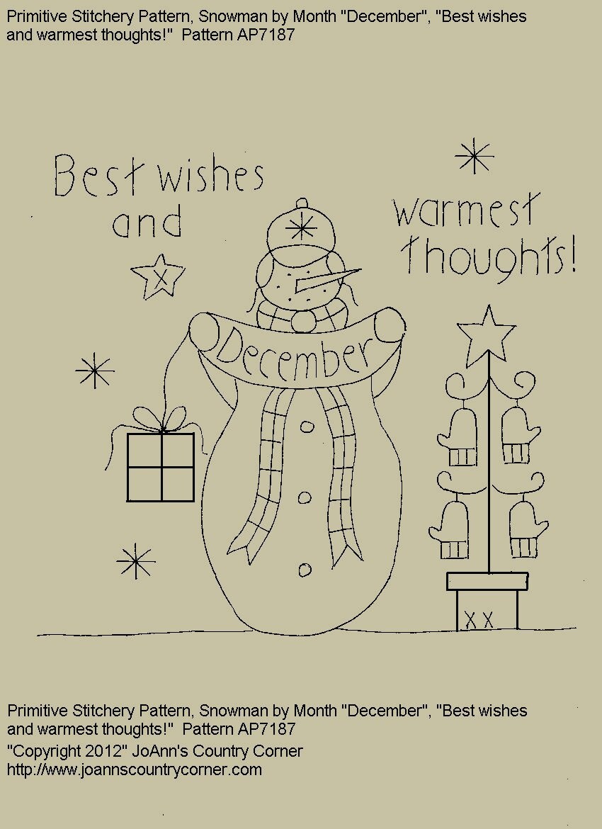 Primitive Stitchery E-pattern Snowman by Month december, best Wishes ...