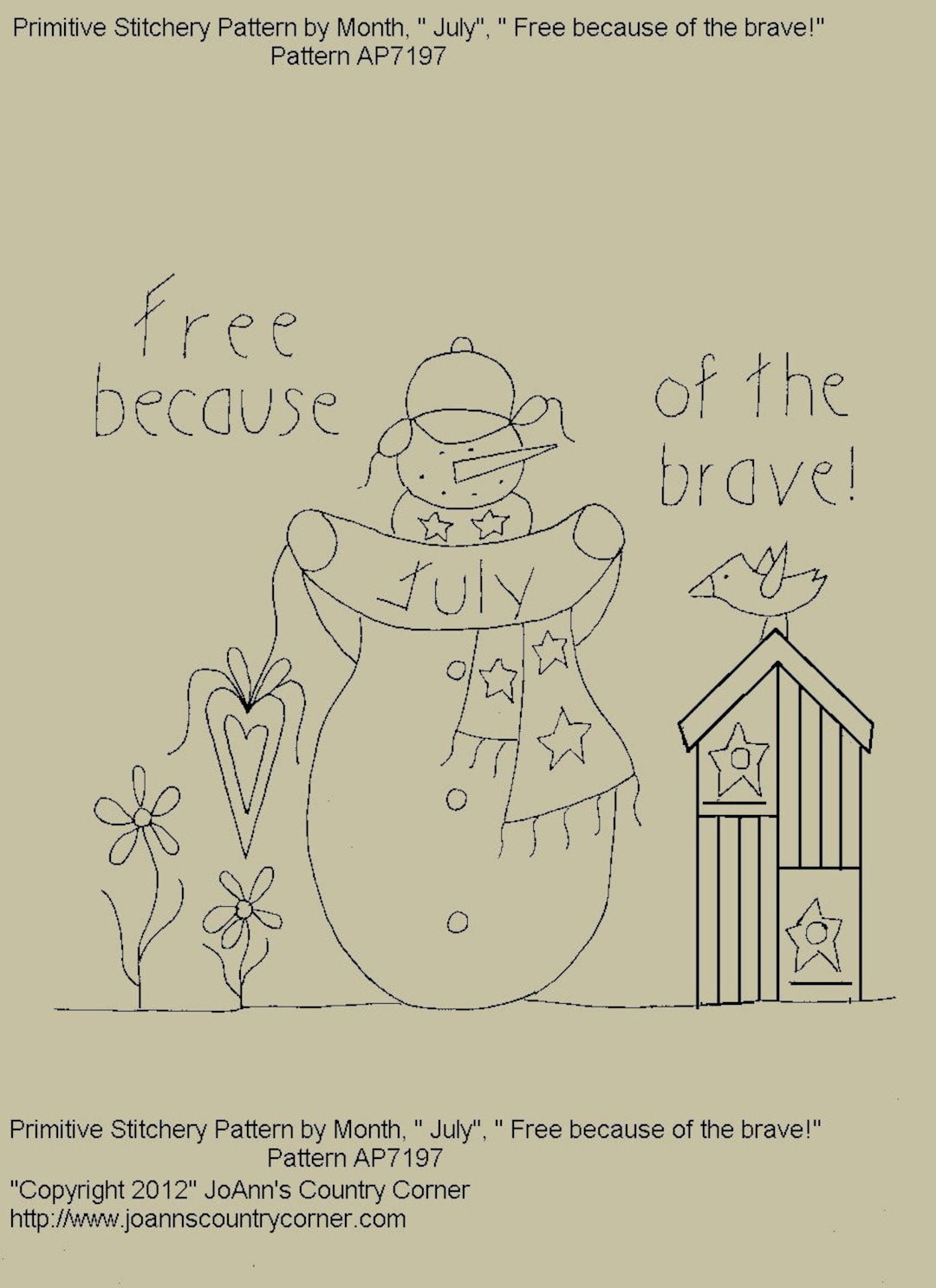 Primitive Stitchery E-pattern Snowman by Month july, free Because of ...