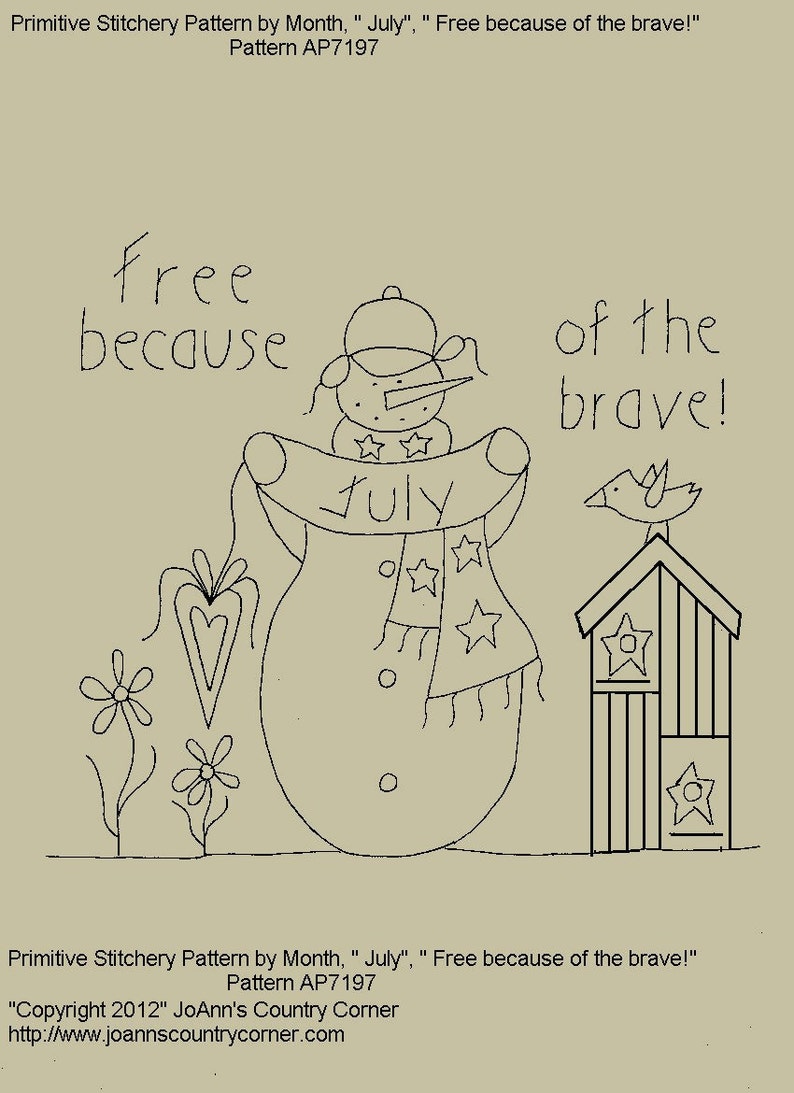 Primitive Stitchery E-pattern Snowman by Month july, free Because of ...