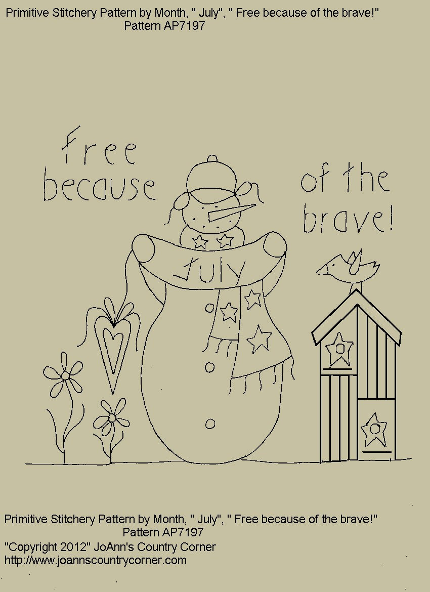 Primitive Stitchery E-pattern Snowman by Month july, free Because of ...