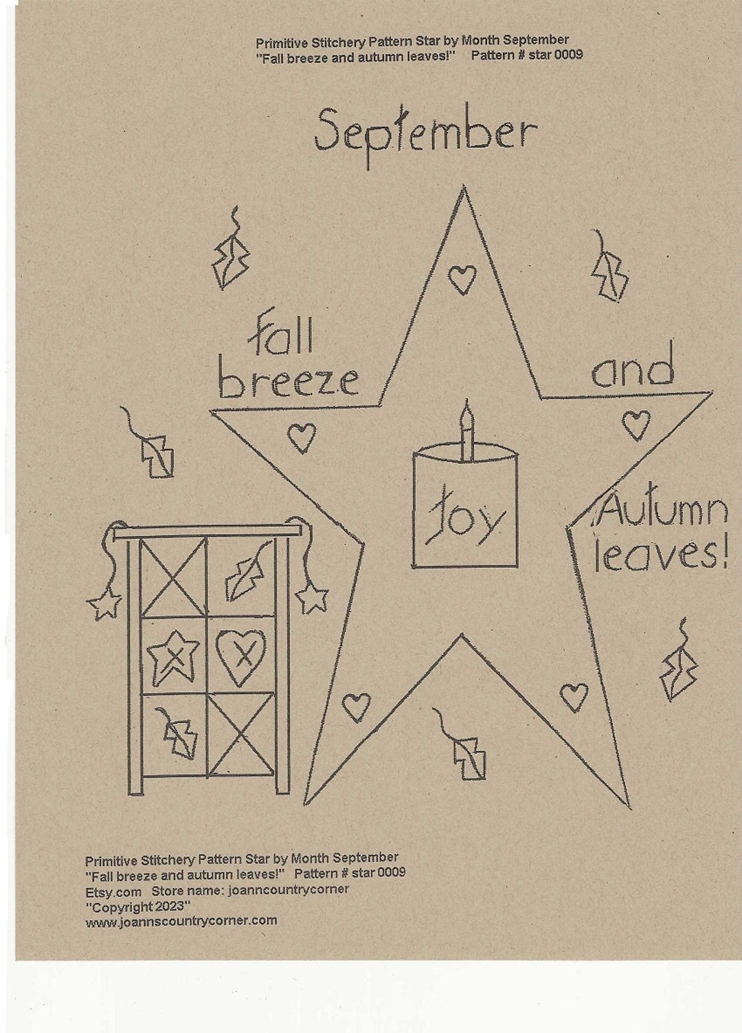 Primitive Stitchery E-pattern Star by Month September 