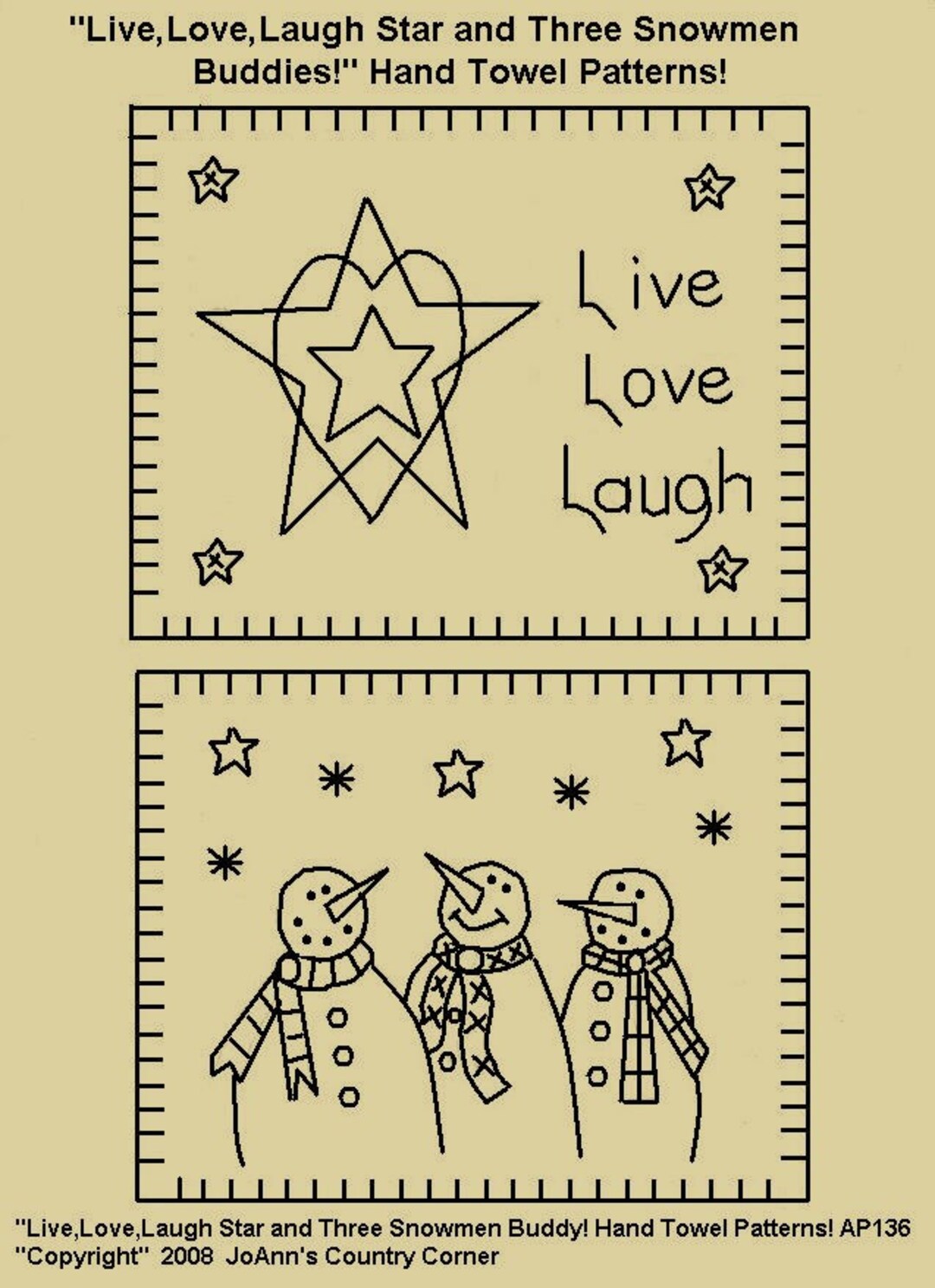 Primitive Stitchery Snowman Towel E-pattern "live, Love, Laugh Star and ...