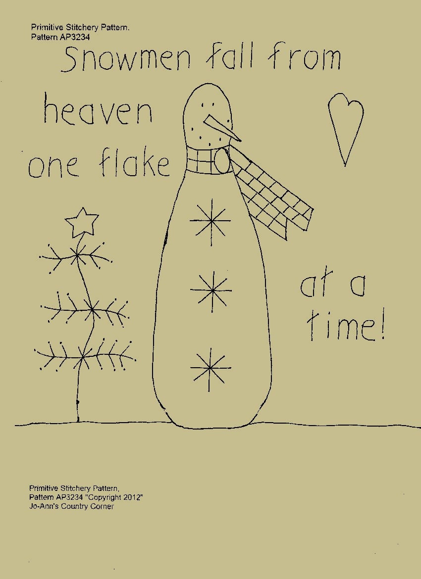 Primitive Stitchery E-pattern "snowmen Fall From Heaven One Flake at a ...