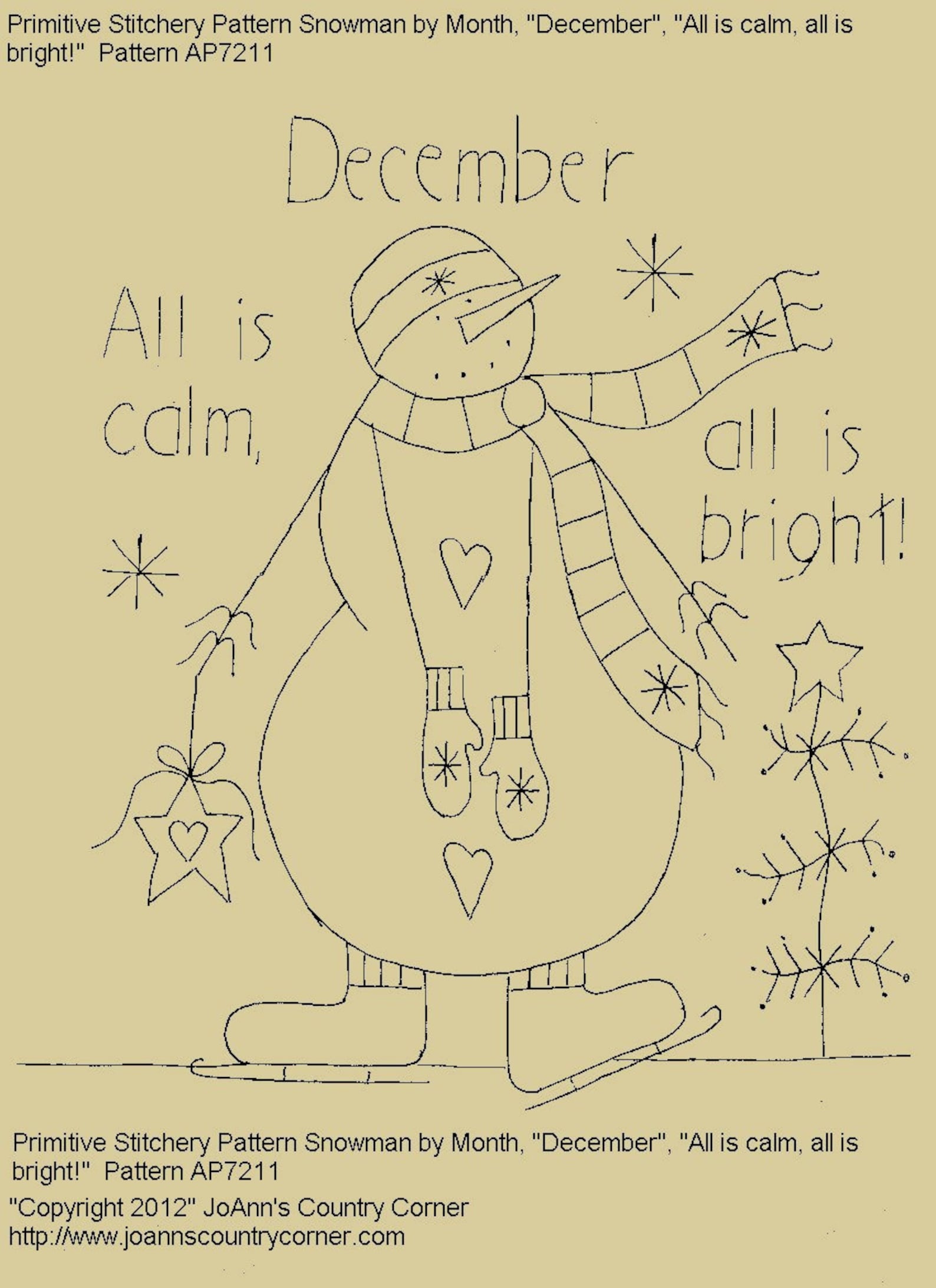 Primitive Stitchery E-pattern Snowman by Month "december", "all is Calm ...