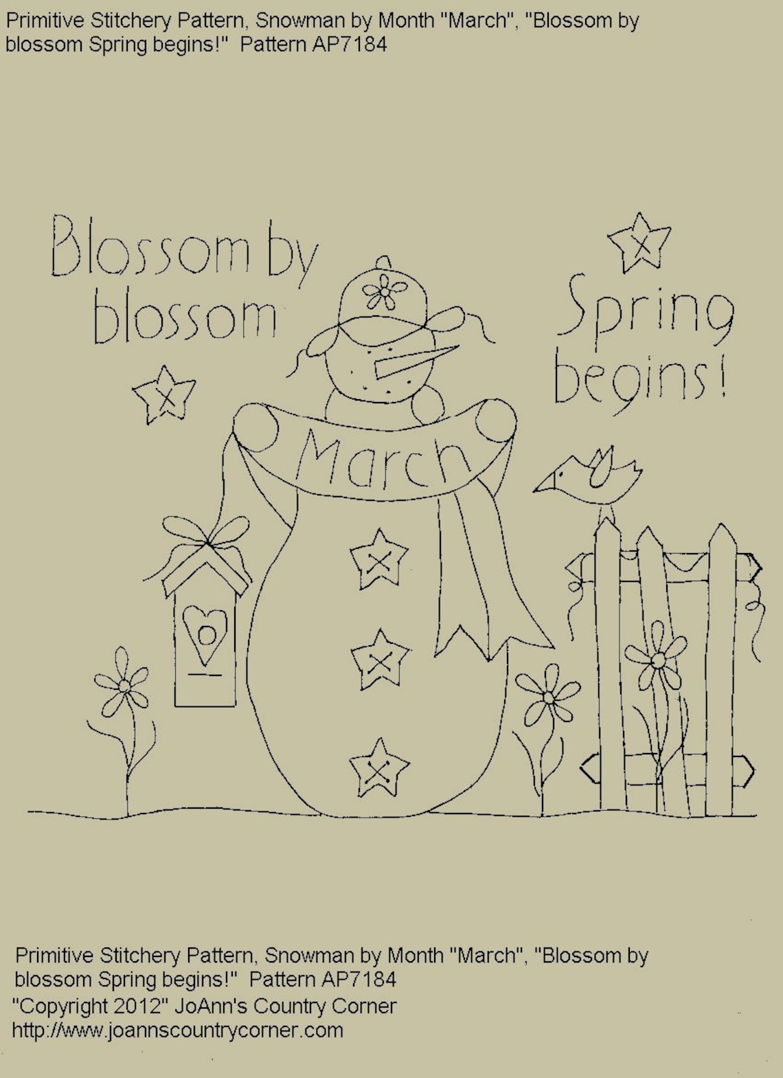 Primitive Stitchery E-pattern Snowman by Month march, blossom by ...