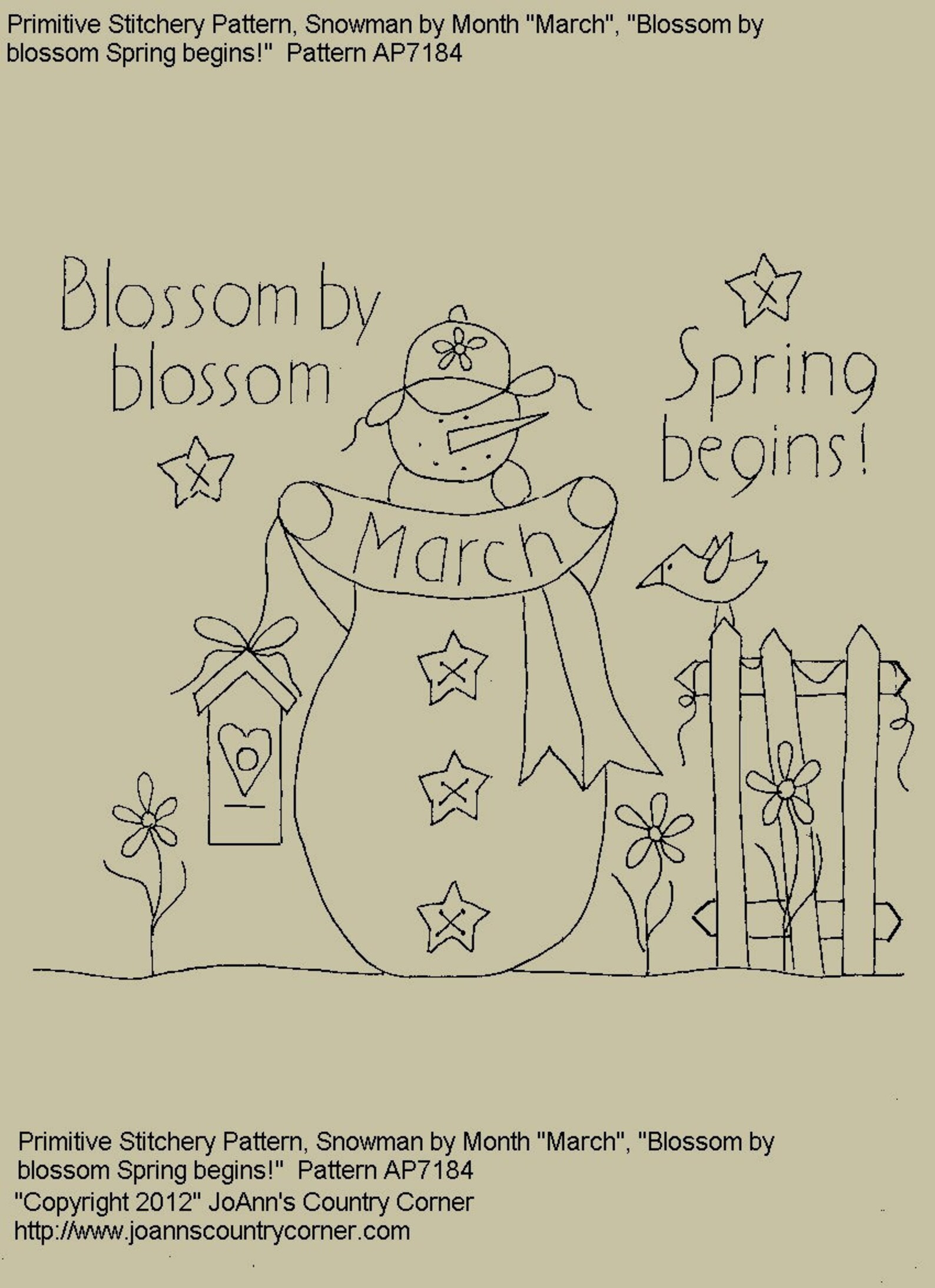 Primitive Stitchery E-pattern Snowman by Month march, blossom by ...