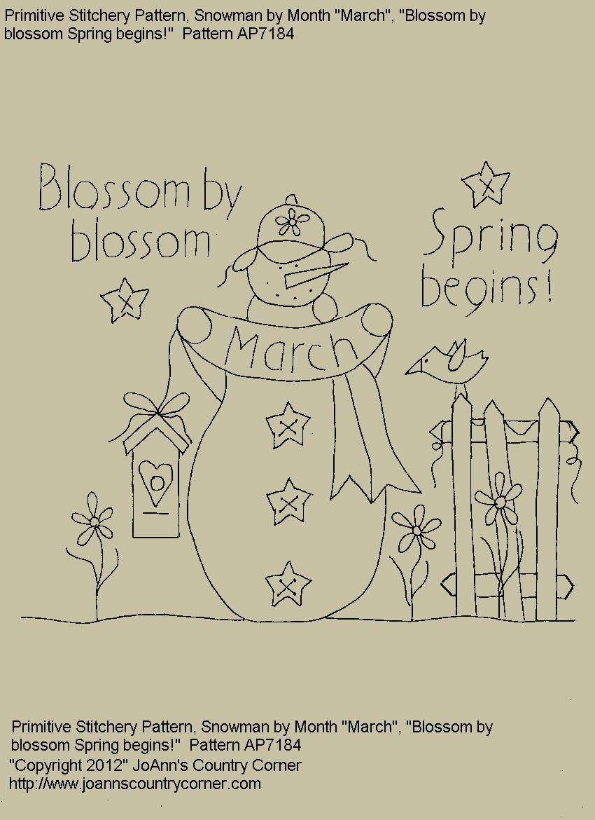 Primitive Stitchery E-pattern Snowman by Month 