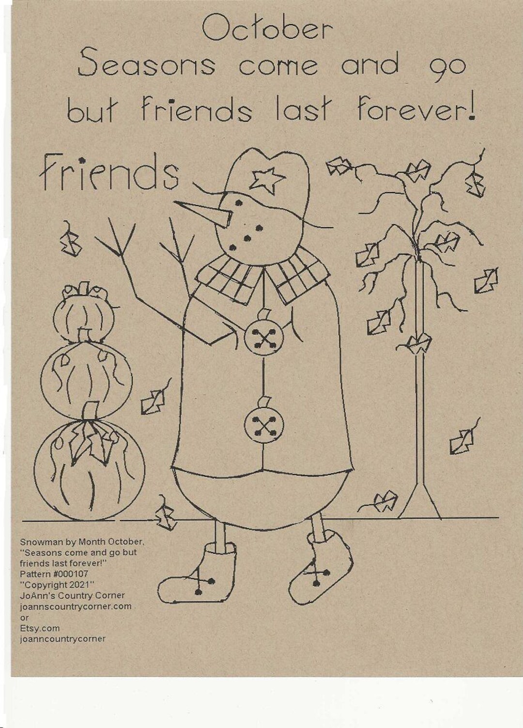 Primitive Stitchery Snowman Reaching for "friends" E-pattern by Month ...