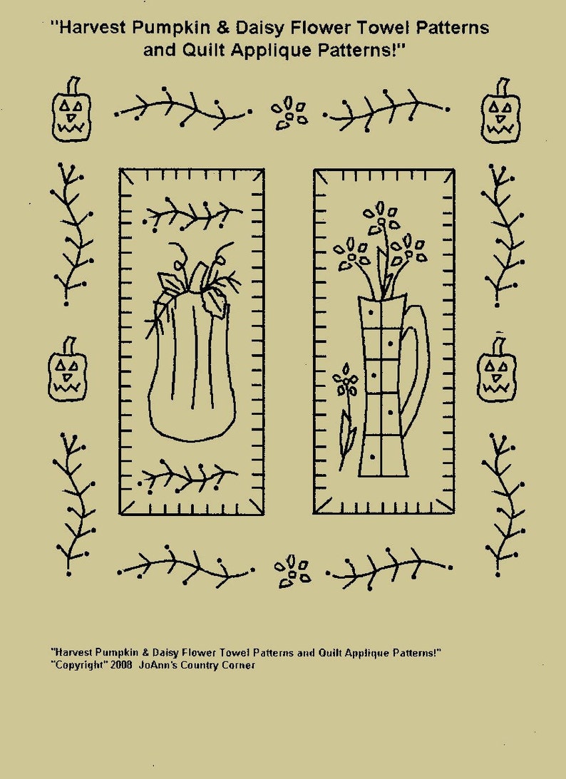 Primitive Stitchery E-pattern harvest Pumpkin & Daisy Flower Towel and ...