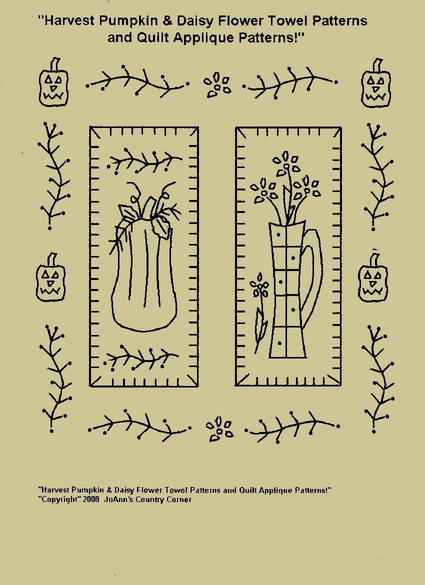 Primitive Stitchery E-pattern harvest Pumpkin & Daisy Flower Towel and ...