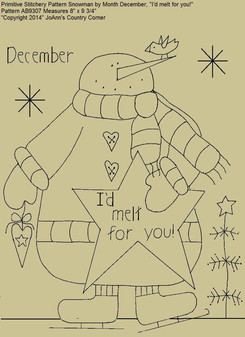 Primitive Stitchery E-pattern Snowman by Month December, i'd Melt for ...