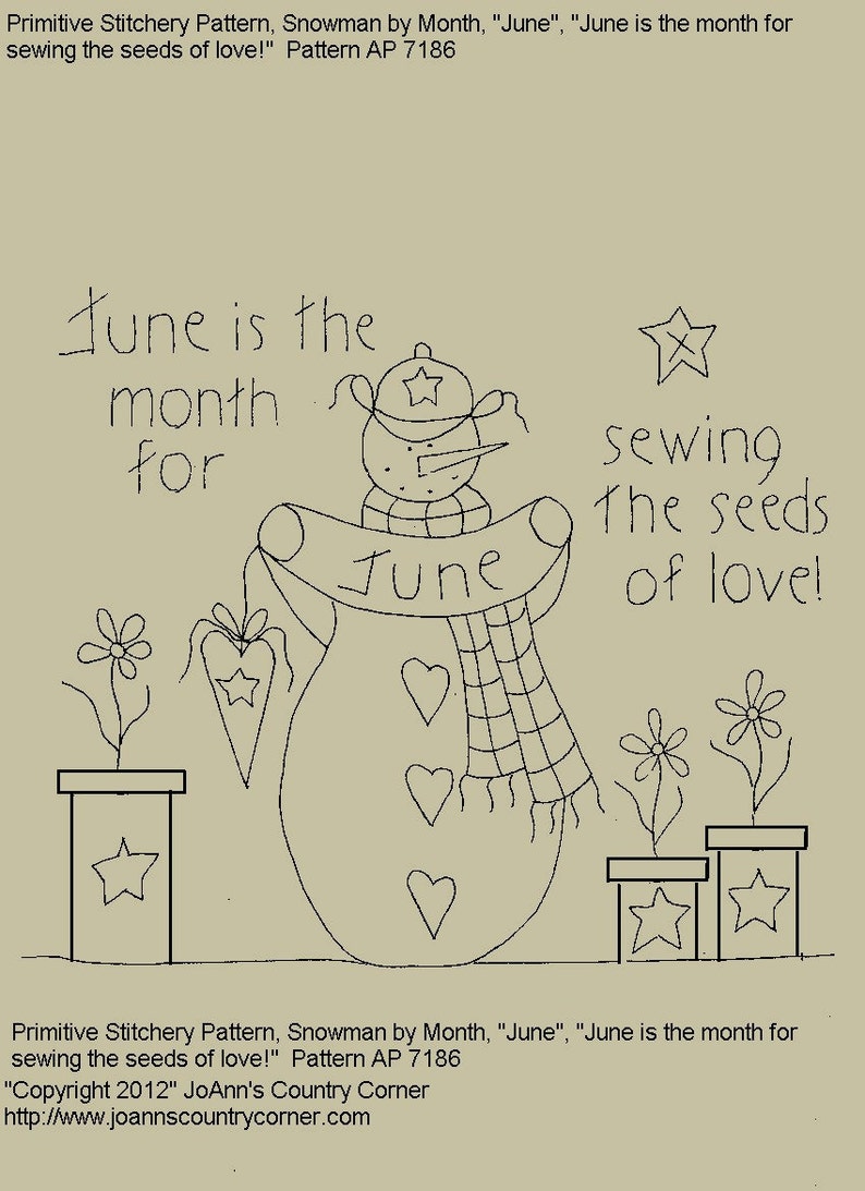 Primitive Stitchery E-pattern Snowman by Month "june", "june is the ...
