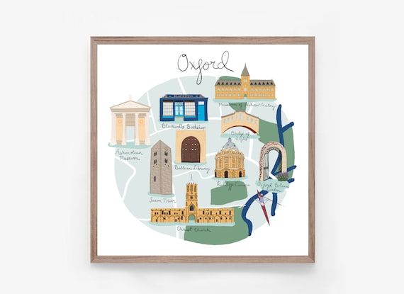 Oxford England Map Illustrated Art Print // Guide to Oxford | Etsy
