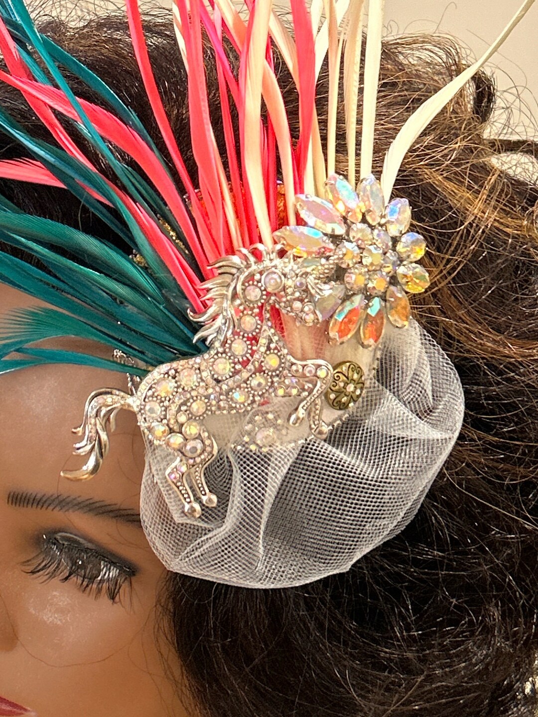 Unique Unicorn Derby Fascinator, With Rhinestones, Feathers and Tulle ...