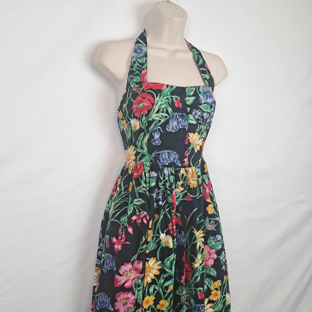 Vintage 90s Black Floral Halter Sun Dress - Etsy