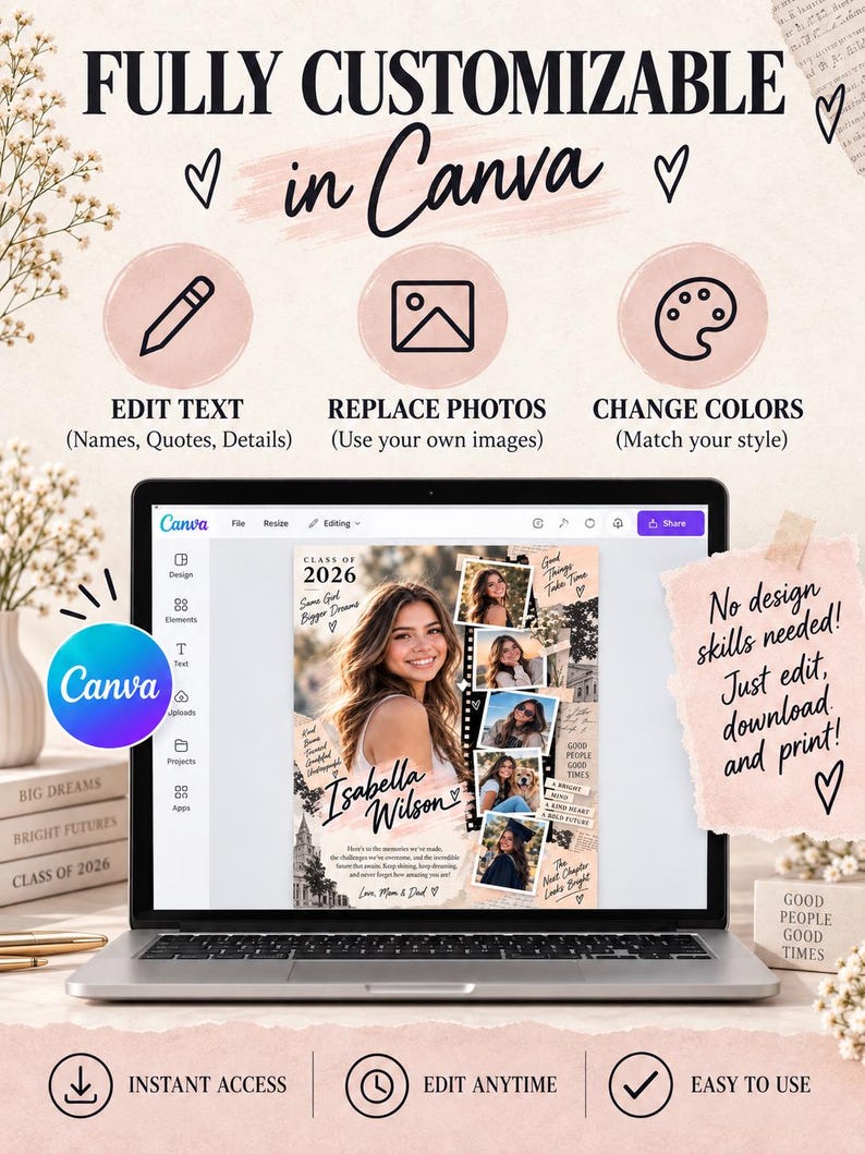 Senior Yearbook Template, Editable Canva Graduation Page, High School ...
