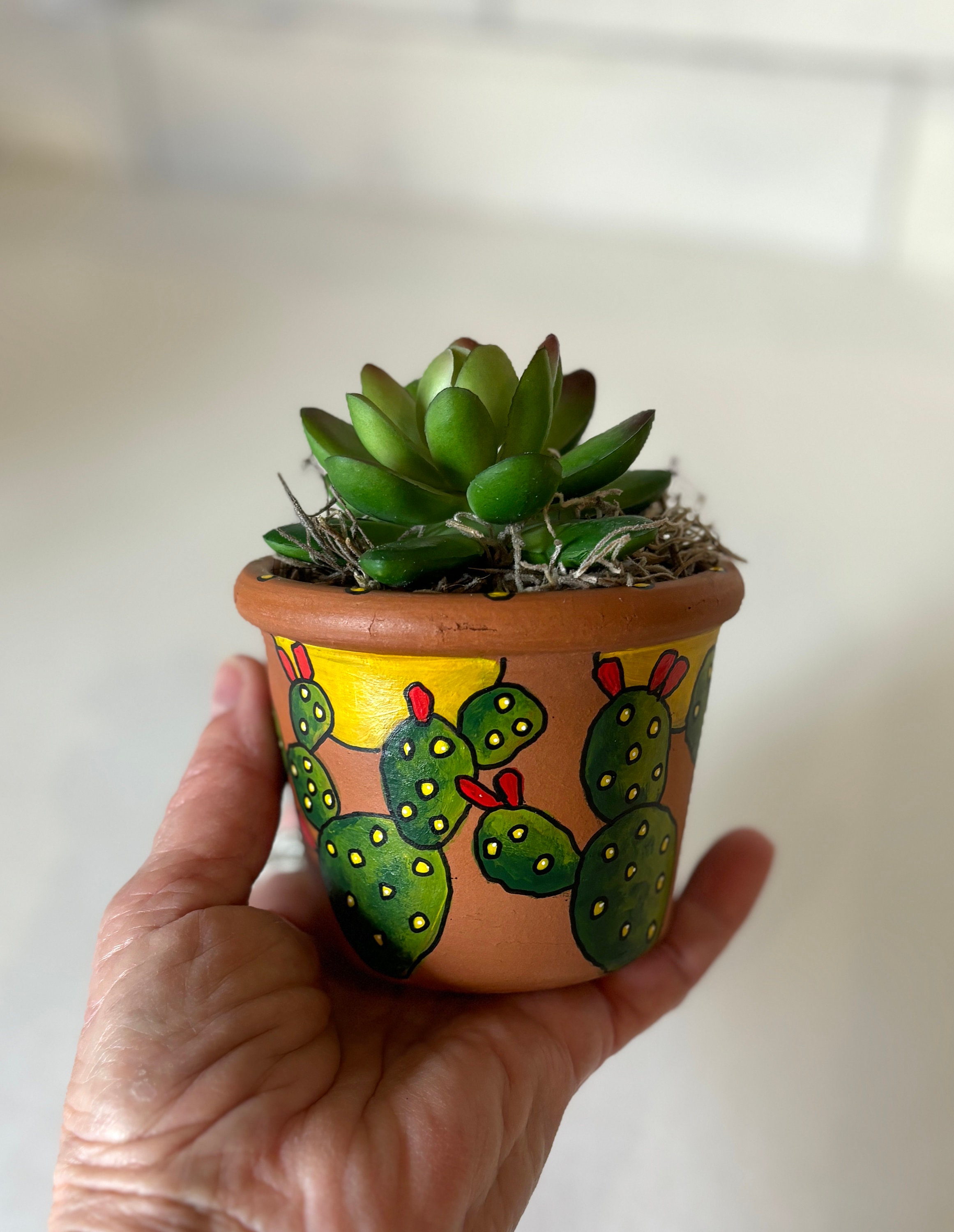 Faux Succulent, Small Terra Cotta Pot, Hand Painted Pot, Cactus ...