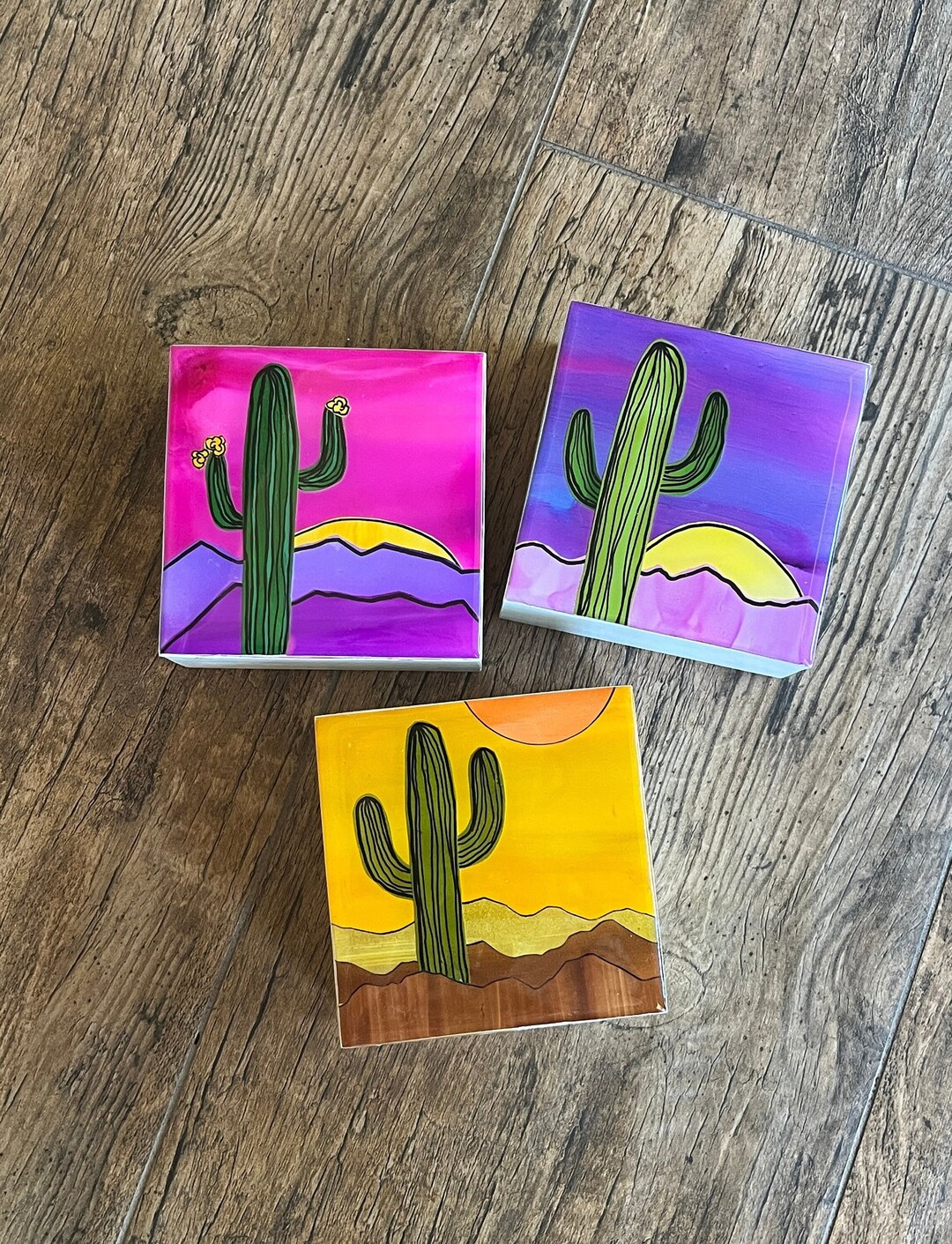 Resin & Wood Desert Landscape Art: Saguaro Cactus Sunset - 4x4 Shelf ...