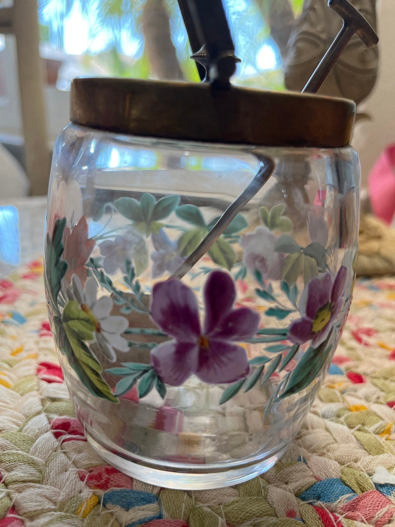 Vintage Glass Biscuit Jar Glass With Enamel Flowers - Etsy