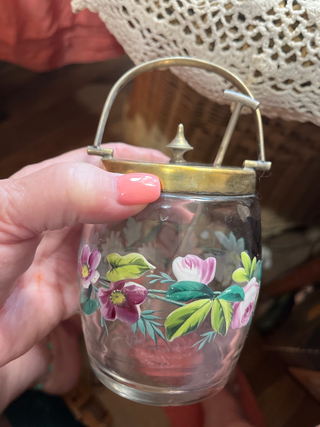 Vintage Glass Biscuit Jar Glass With Enamel Flowers - Etsy