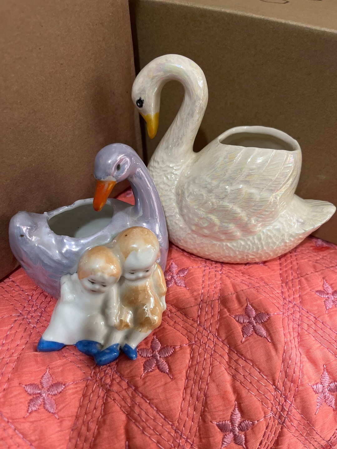 Lusterware Vintage Small Swans Planters 1 With Little Children - Etsy