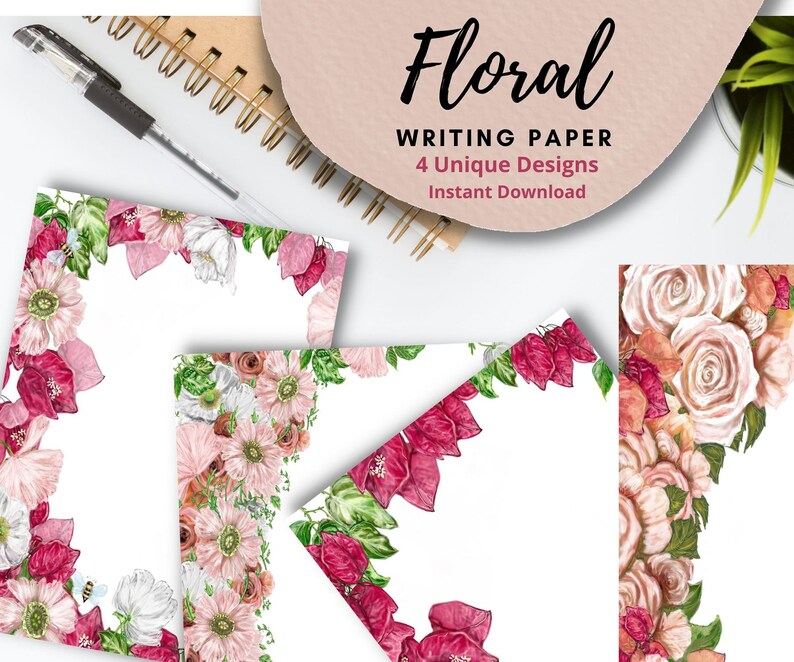 Floral Writing Paper Digital Download Roses Poppies Bougainvillea ...
