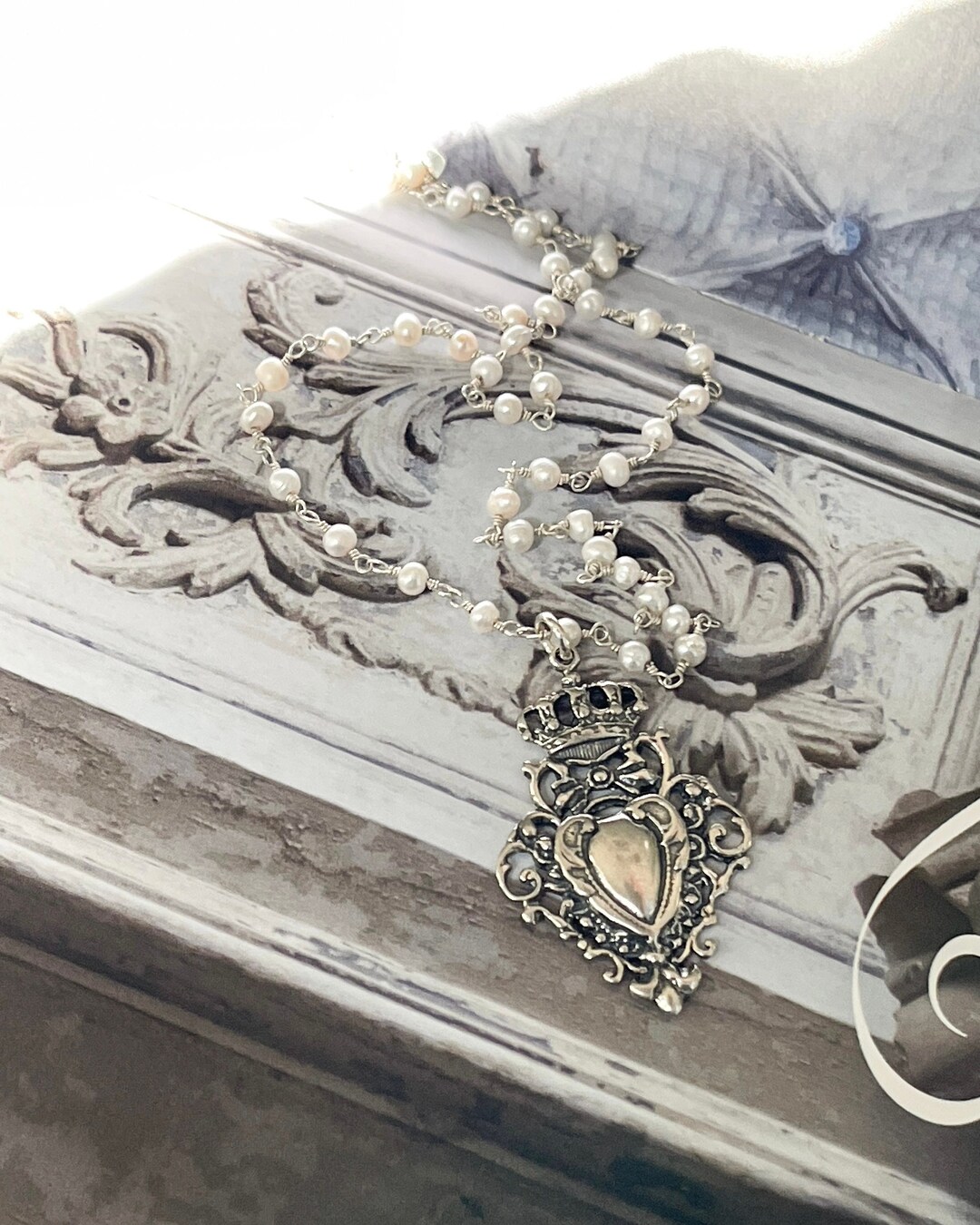 Crowned Heart Necklace, Silver Rosary Pearls, French Wedding Jewelry ...