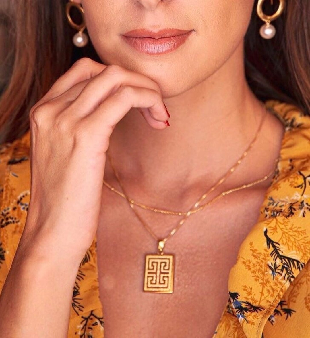 Gold Greek Necklace, Greek Key Necklace, Gold Key Jewelry, Square ...