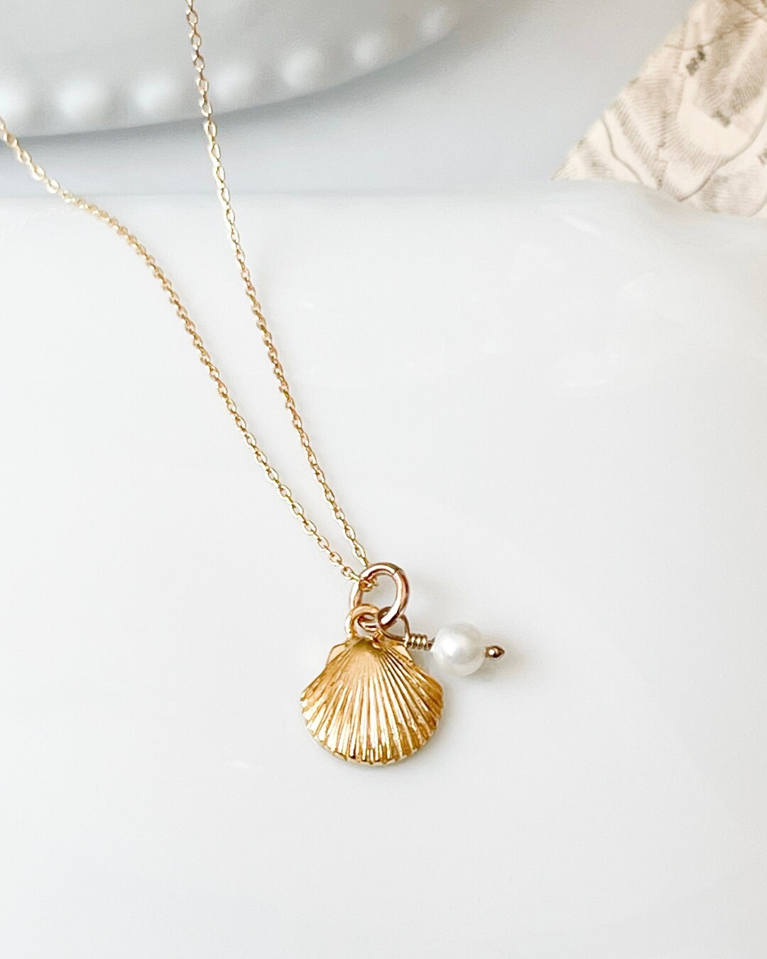 Gold Shell Pearl Necklace, French Beach Wedding, Venus Shell Jewelry ...