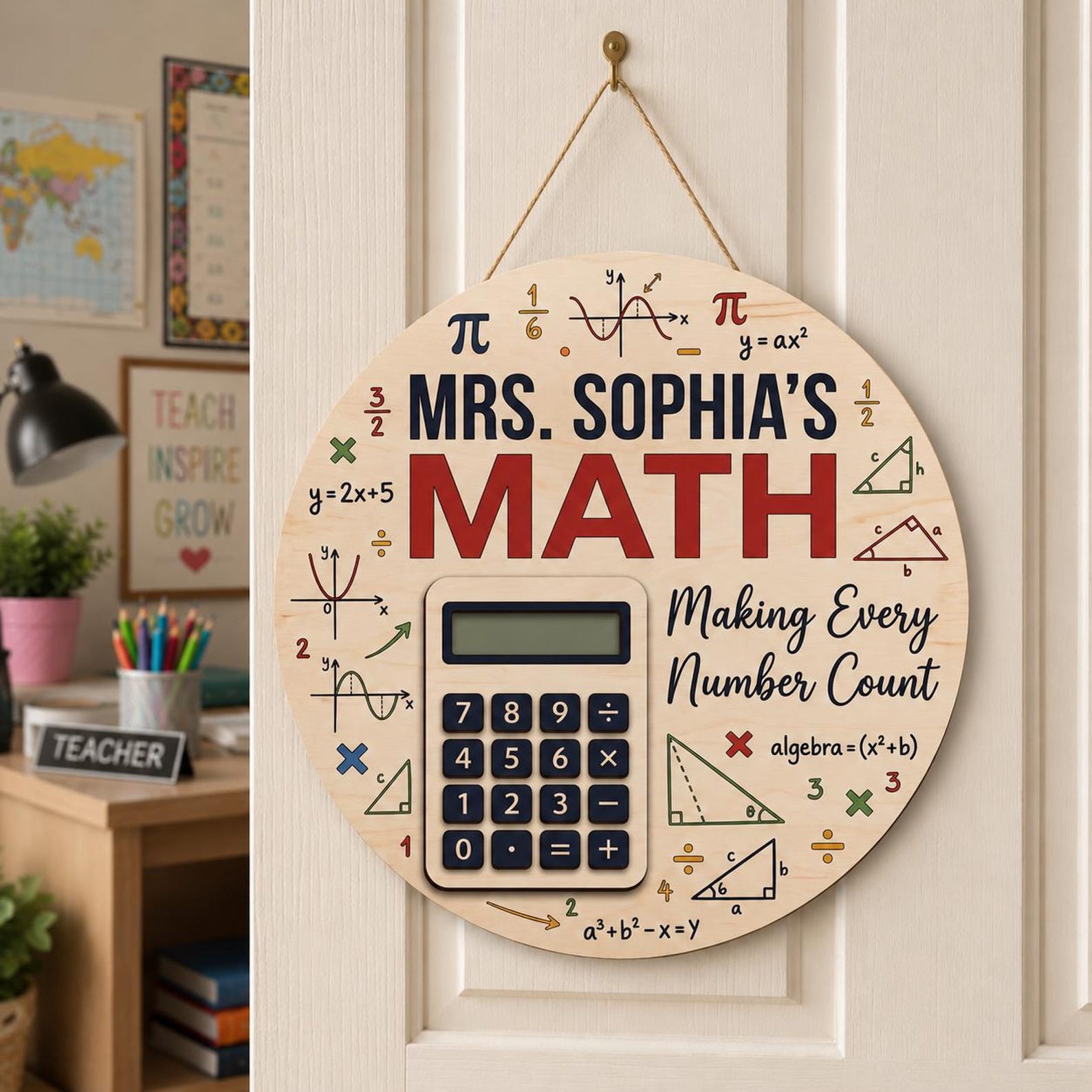 Custom Math Teacher Wood Sign Classroom Hanger Personalized Plaque ...