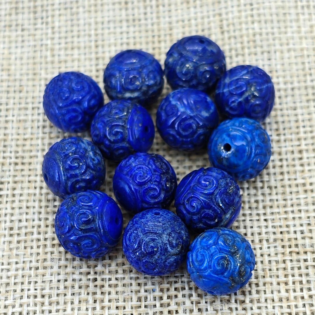 Natural Lapis Lazuli Round Beads Carving Decorative Pattern Palindrome ...