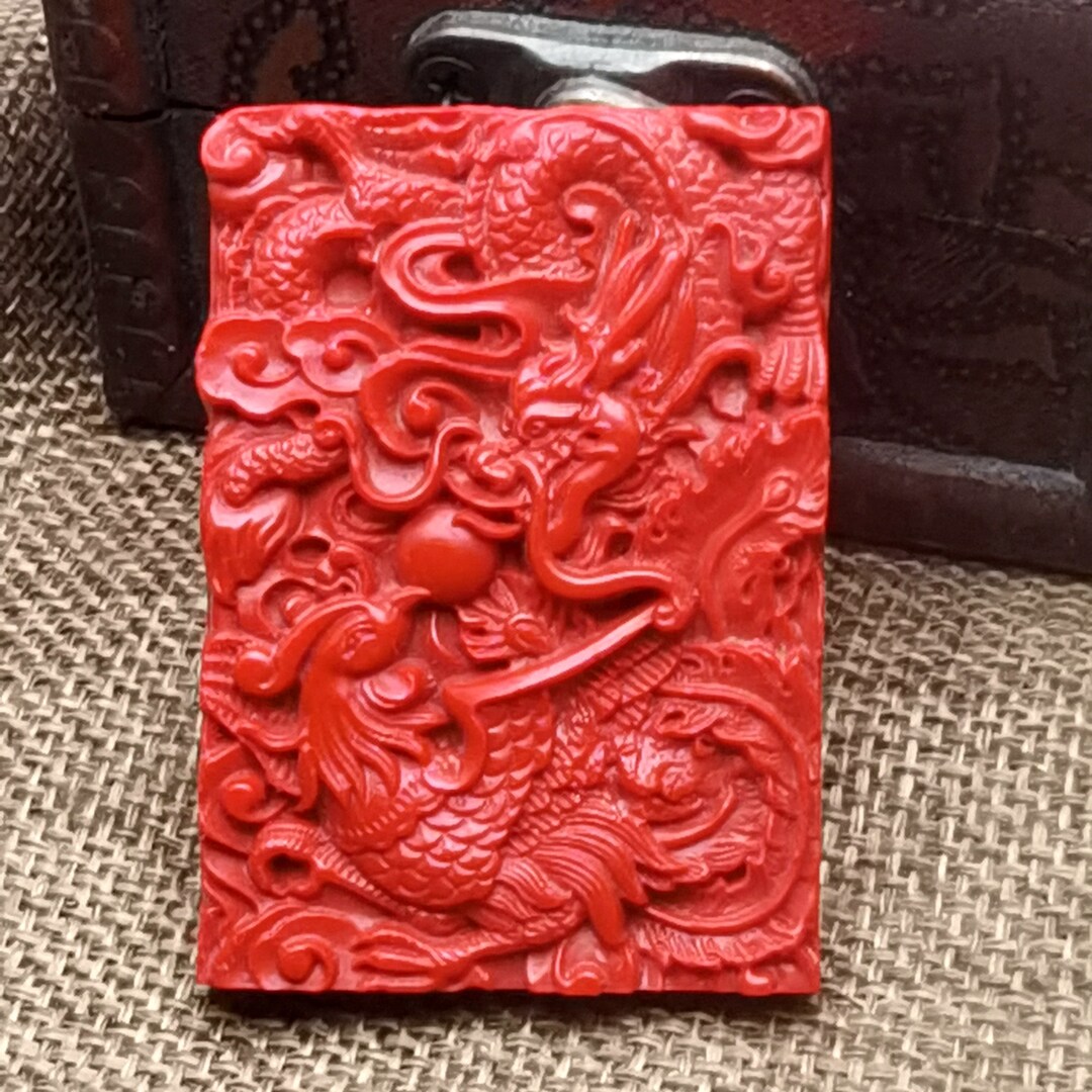 Archaistic Style Design Red Cinnabar Pendant Carved Dragon Phoenix ...