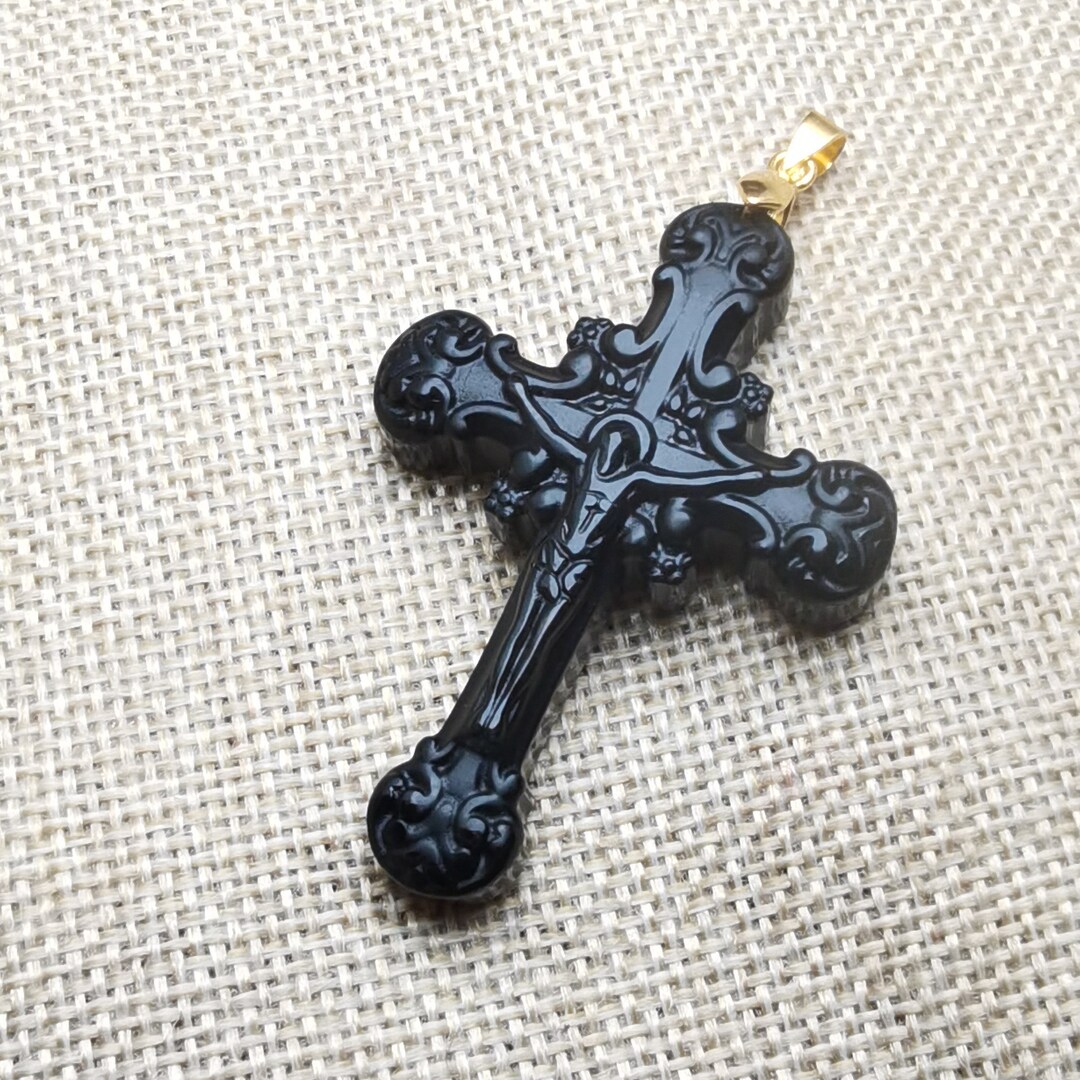 Antique Design Black Natural Obsidian Religious Culture Cross Pendant ...