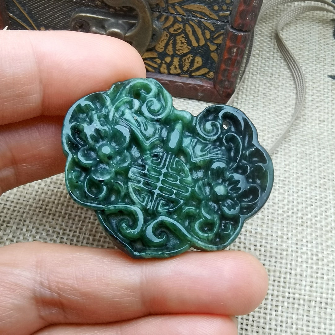 Archaistic Style Dark Jade Pendant Gemstone Carved Bat Flower Longevity ...