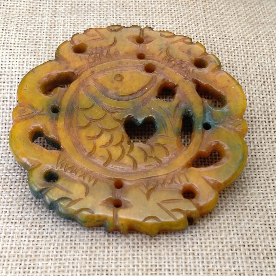 Jade Pendant Double Dragon Loong Fish Amulet Antique Design Disc ...