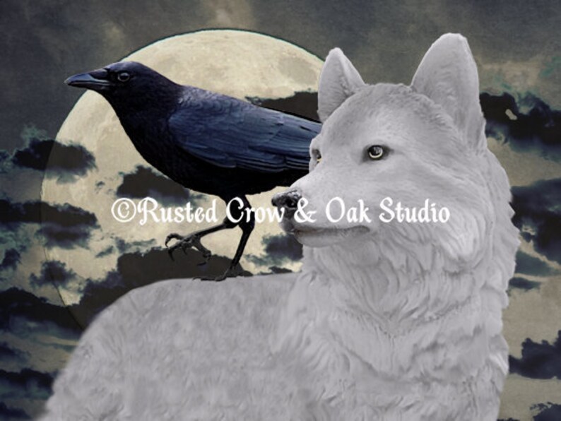 Wolf Crow White Black Animal Bird Moon Modern Bedroom ART - Etsy