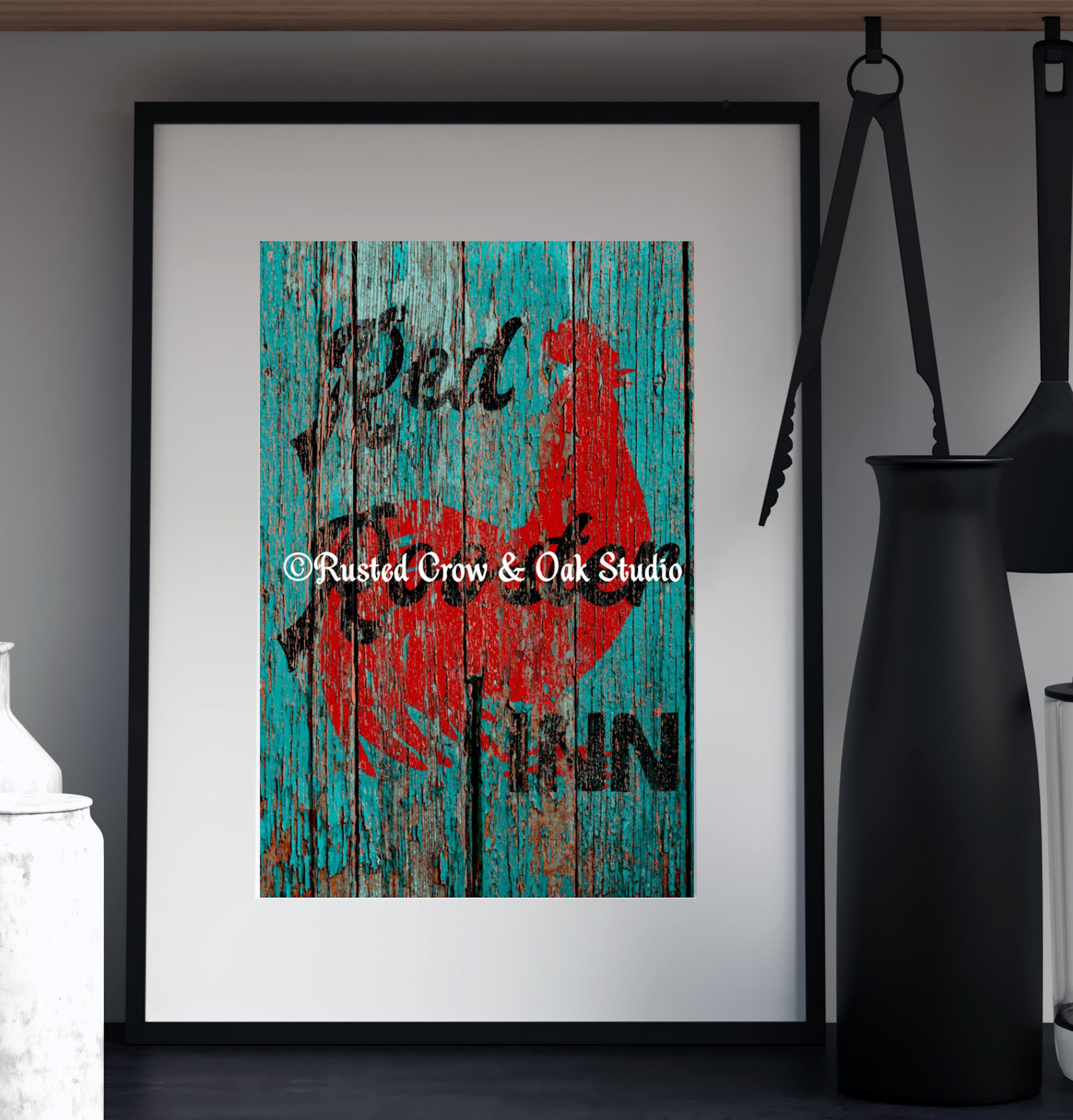 Rustic Red Rooster Inn Teal Country Decor Kitchen Cafe Art Matted ...