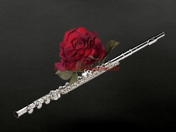 Black White Flute Red Rose Flower Musical Instrument Matted | Etsy
