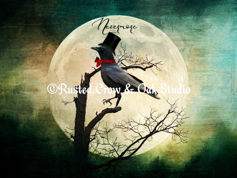 Bird Raven Crow Top Hat Bow Tie Teal Sky Fantasy Home Decor Matted ...