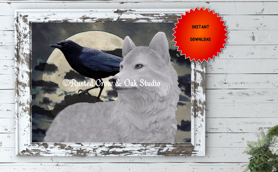 Wolf Crow White Black Animal Bird Moon Modern Bedroom ART - Etsy