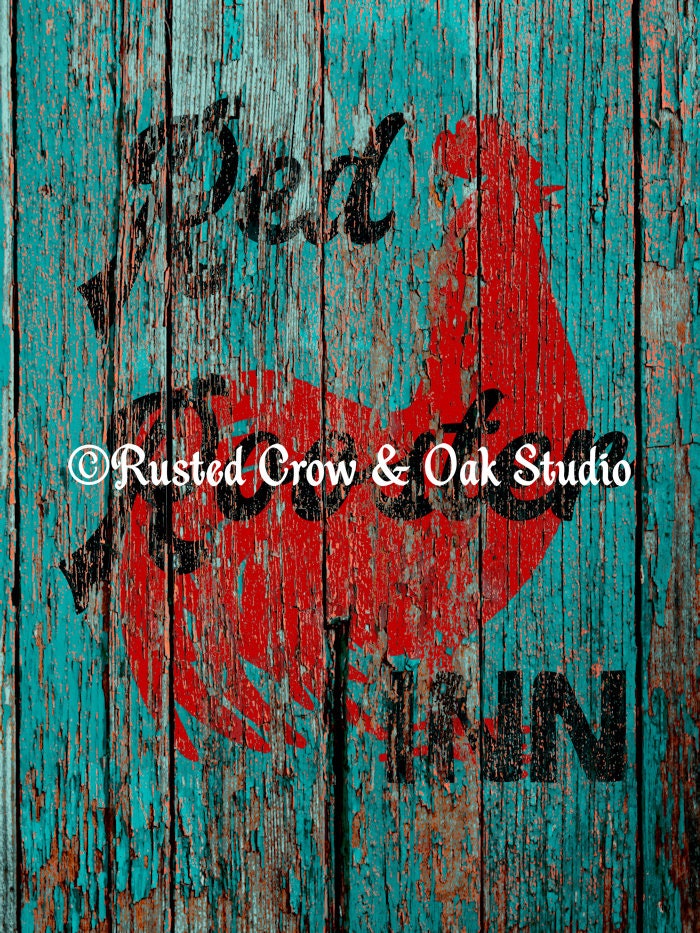 Rustic Red Rooster Inn Teal Country Decor Kitchen Cafe Art Matted ...