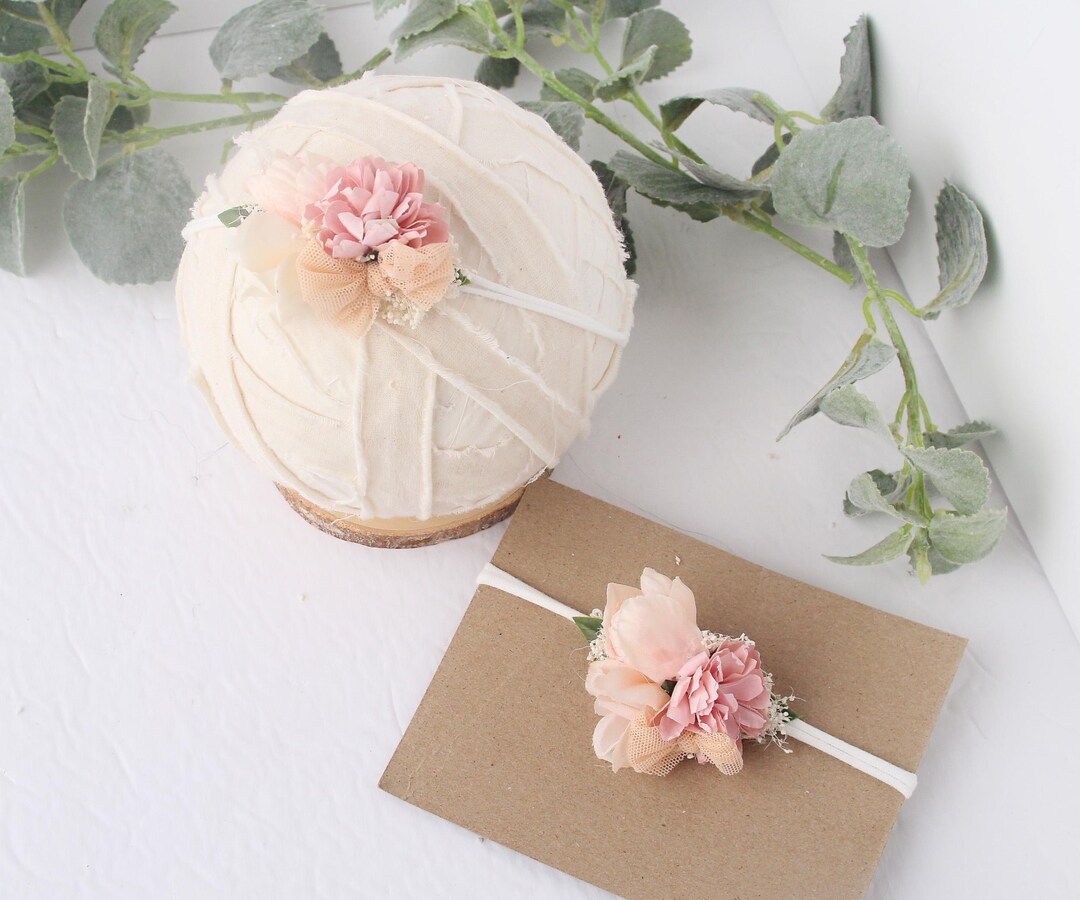 Estee - Peach Mulberry Flower Baby Headband – Newborn Photo Prop - Etsy
