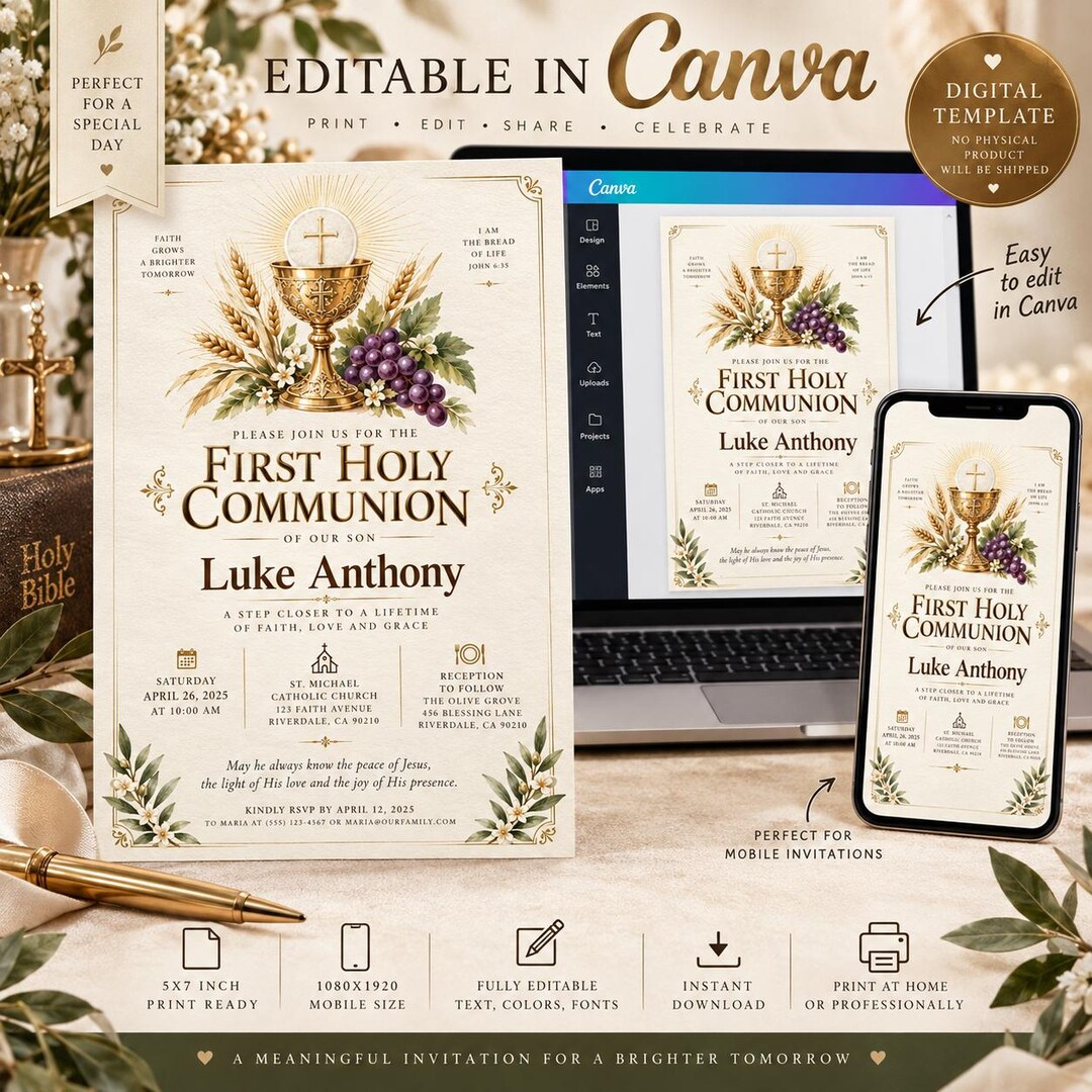 First Holy Communion Invitation, Editable Canva Template, 5x7 Printable ...