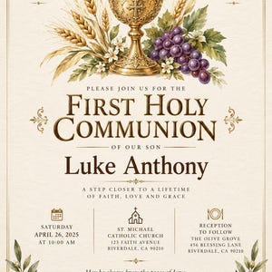 First Holy Communion Invitation, Editable Canva Template, 5x7 Printable ...
