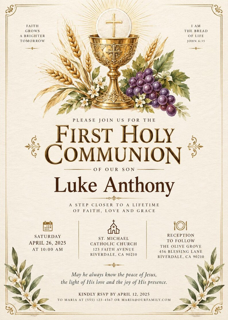First Holy Communion Invitation, Editable Canva Template, 5x7 Printable ...