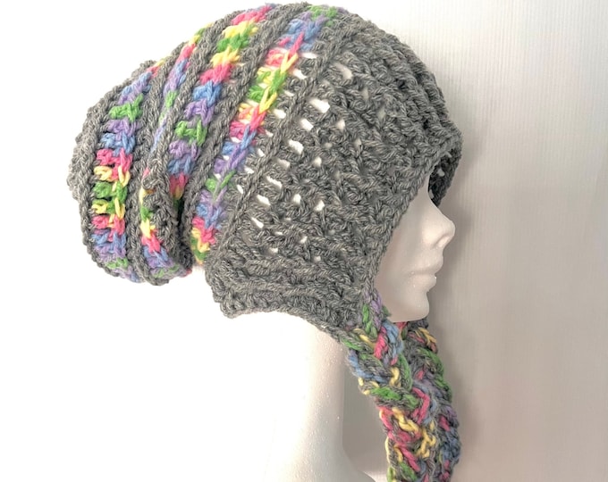Grey Slouch Hat With Pigtails , Women Platt Hat Beanie Slouch Crochet ...