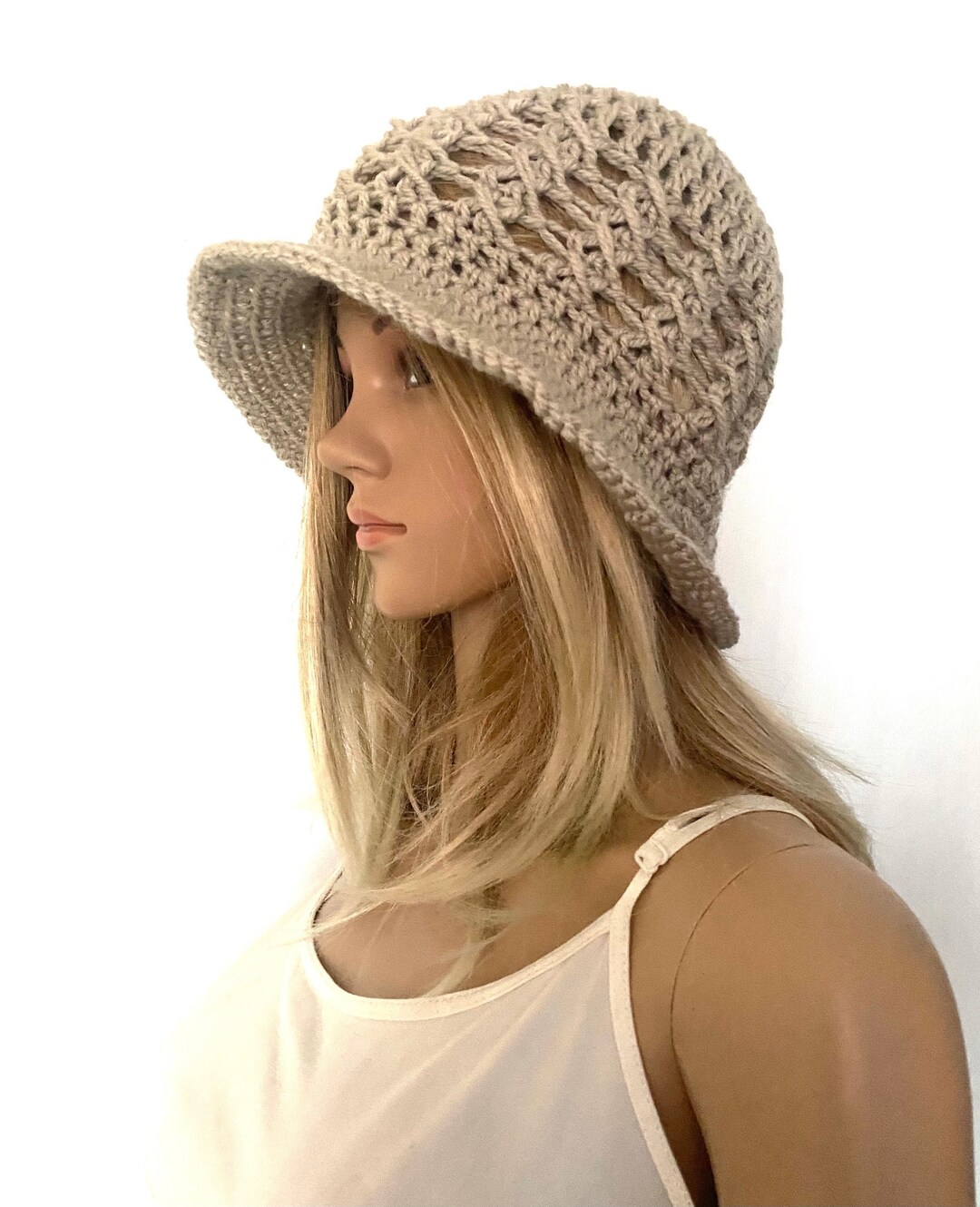 Cloche Bucket Hat Beanie Peak Summer Womens Hand Crochet Knit Brim ...