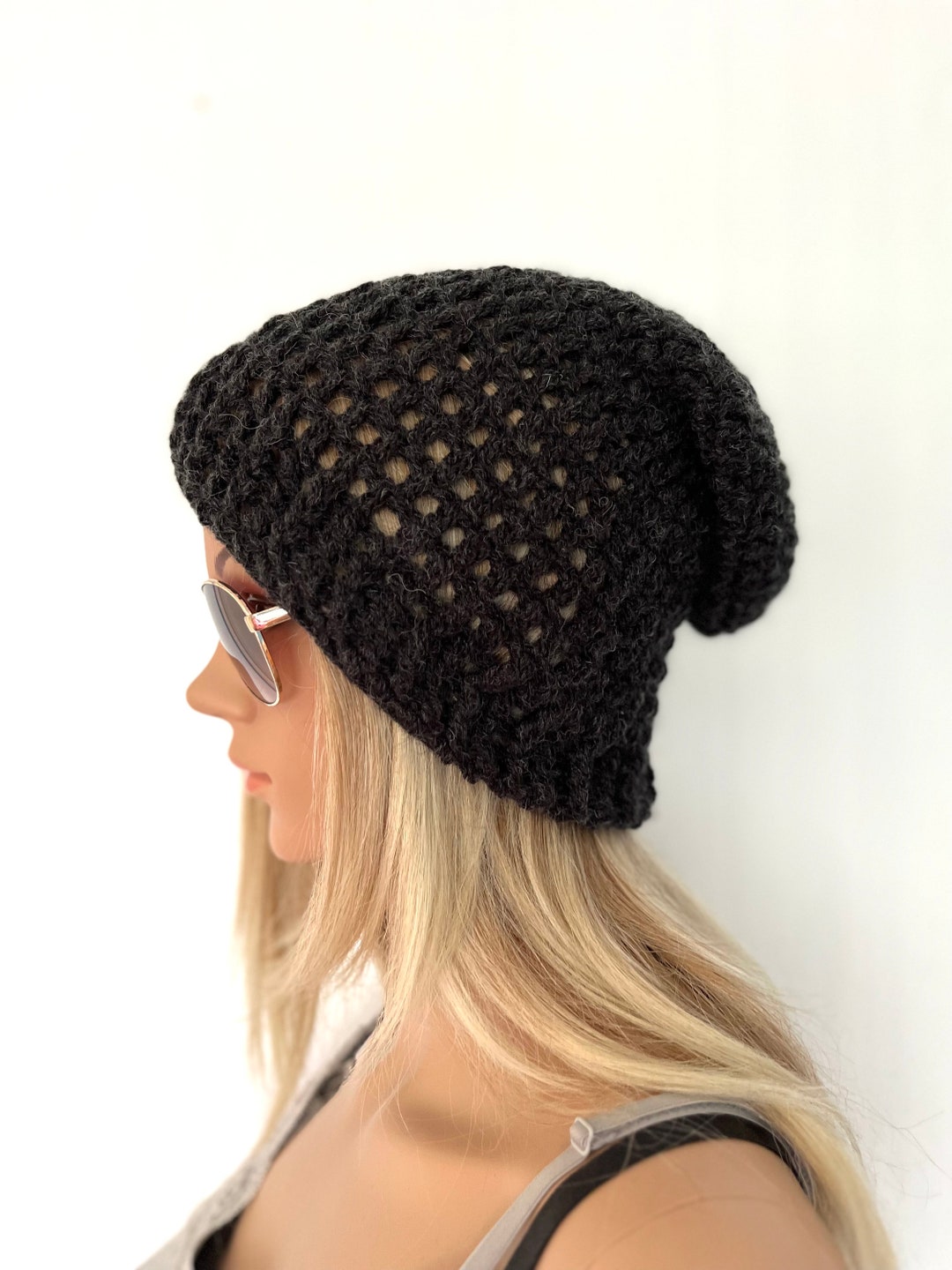 Charcoal Black Slouch Hat Lace Womens Hand Crochet Knit Oversized ...