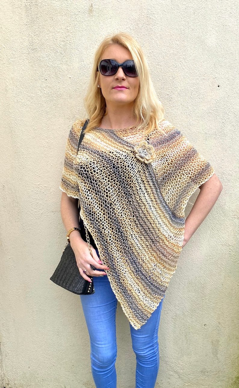 Knitted Beige Poncho for Women With Flower Spring Cover Dress, Women’s ...