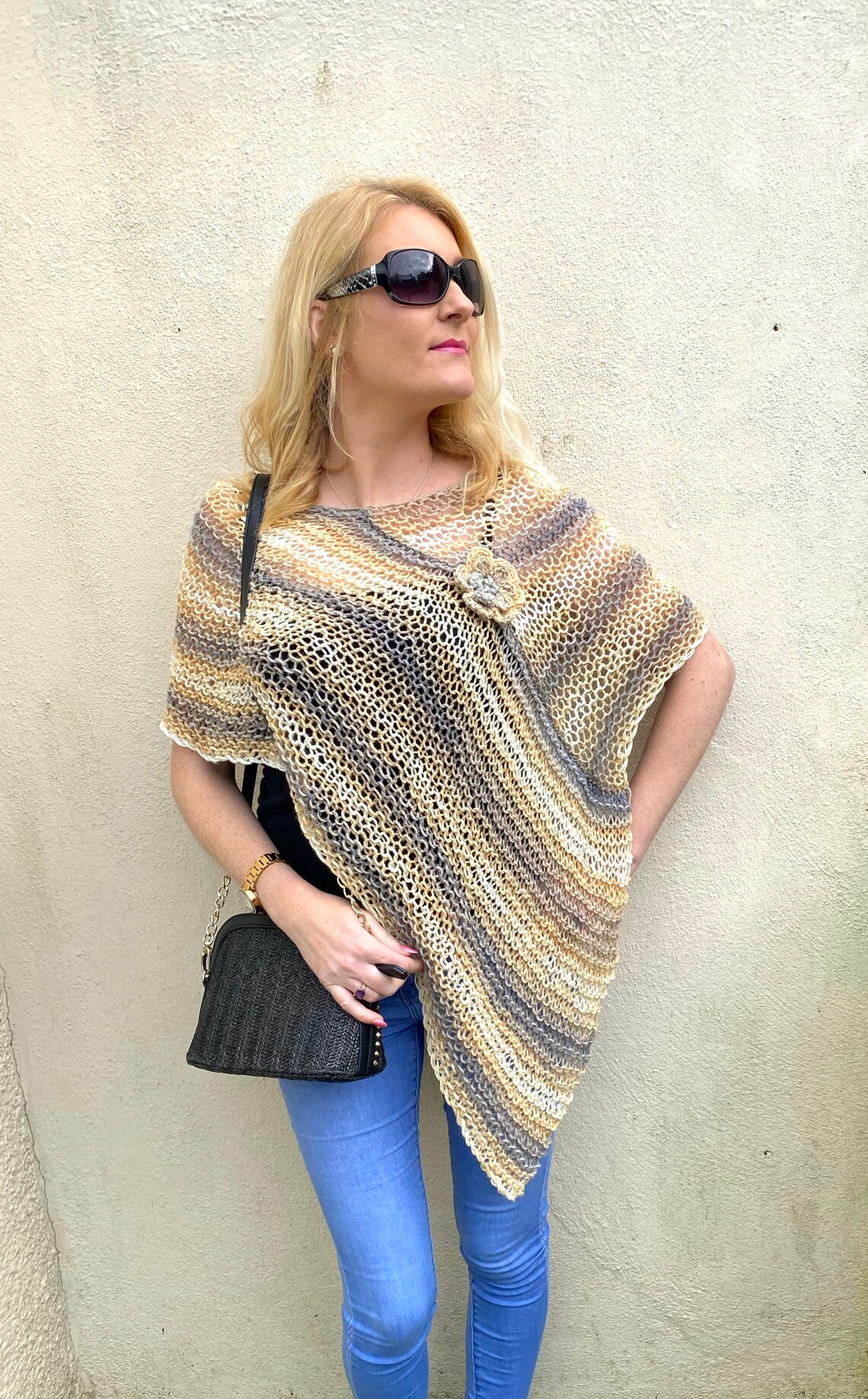 Knitted Beige Poncho for Women With Flower Spring Cover Dress, Women’s ...
